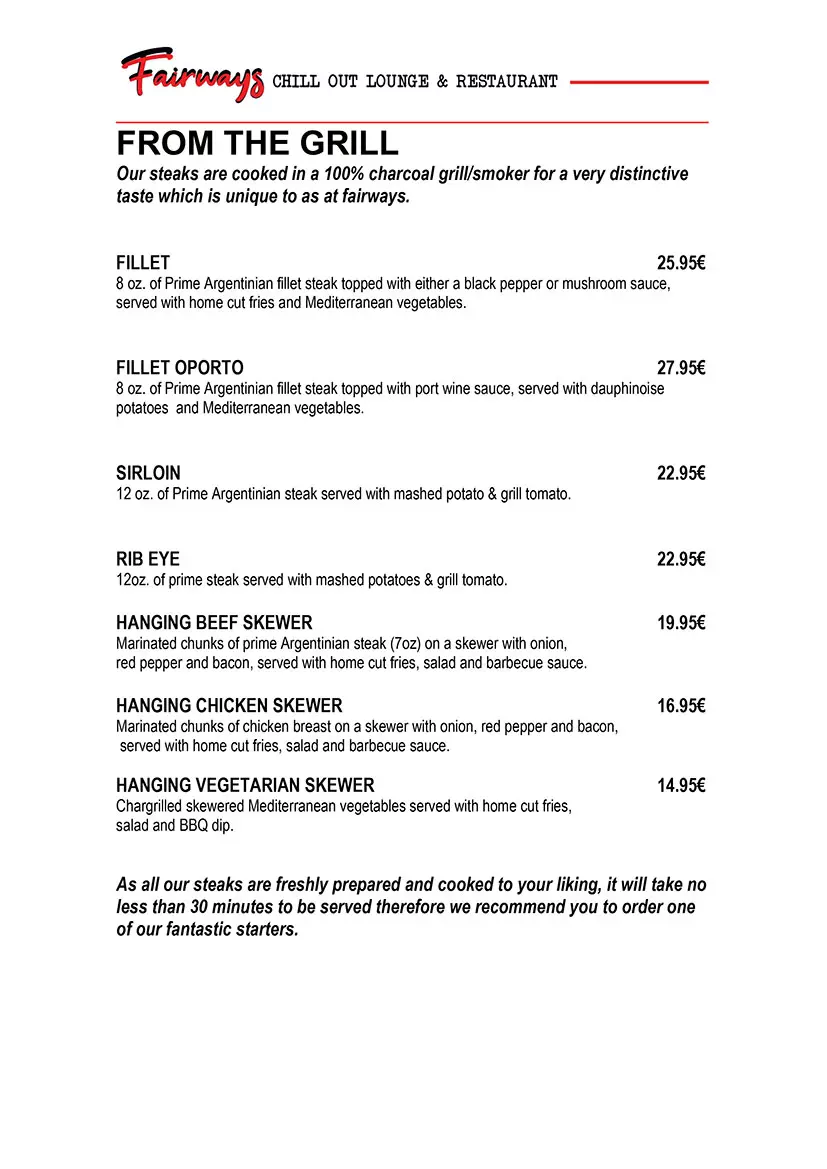 Our Menu - Fairways Restaurant & Chill Out Lounge